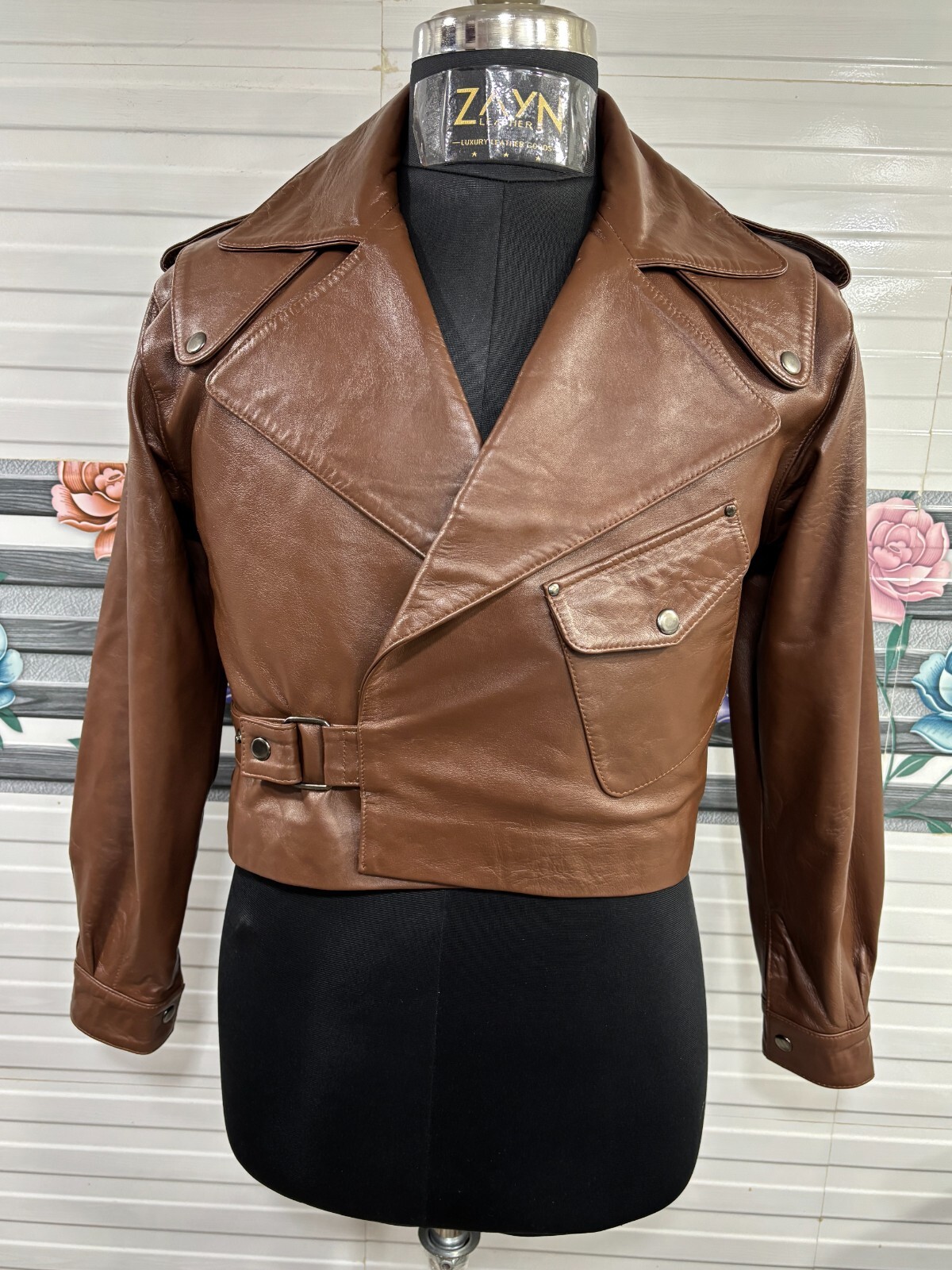 Women's 100% Real Leather Brown Crop Jacket Long Sleeves Short Moto ...