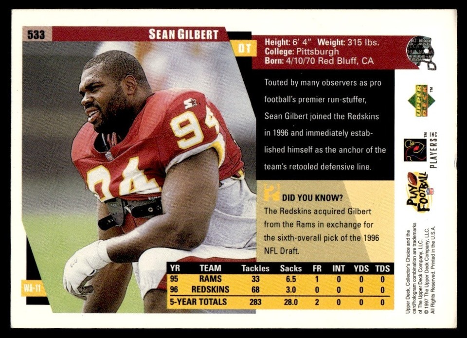 1997 Collector's Choice Sean Gilbert Washington Redskins #533 | eBay