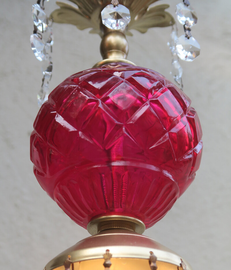 Vintage ruby cut glass Brass hanging SWAG plugin lamp chandelier ...