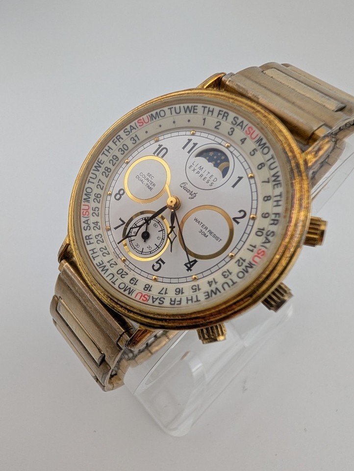 Vintage Limited Express Calendar Watch Men Moon Phase Gold Stretch Band ...