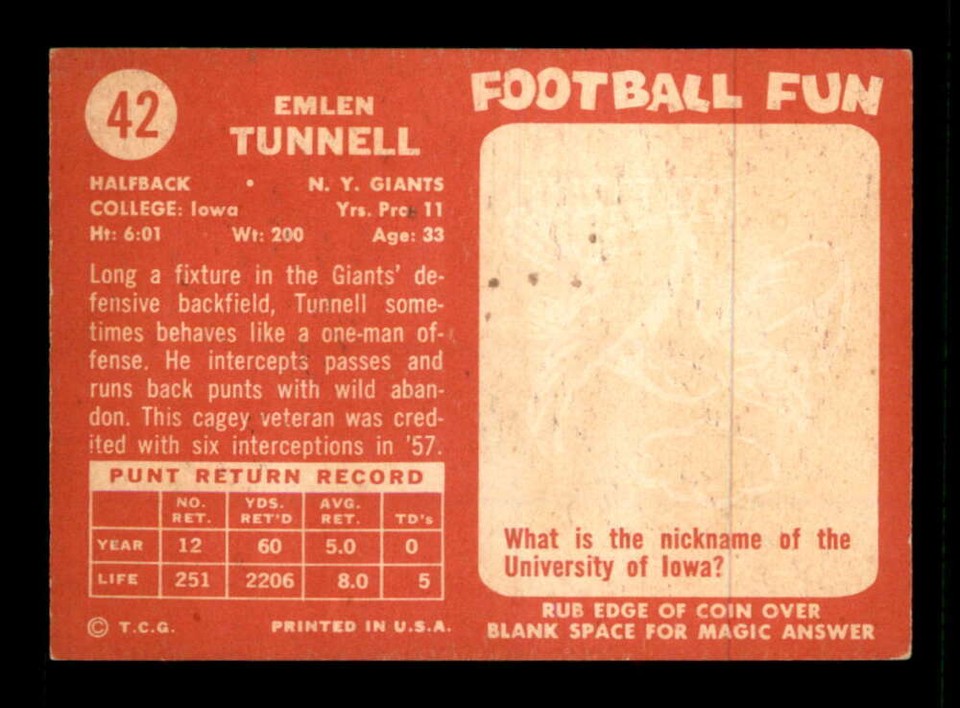 1958 Topps #42 Emlen Tunnell EXMT X2794572 | eBay