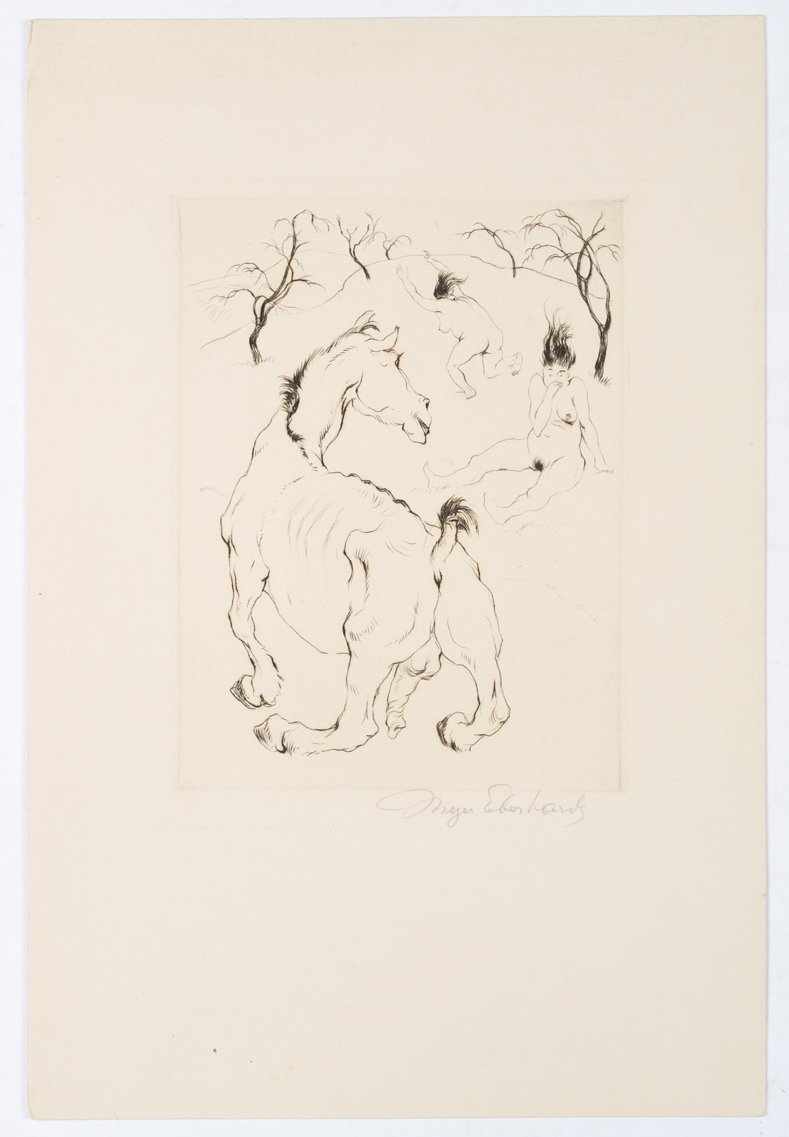 K. MEYER-EBERHARDT (*1895), Zwei Frauen mit Hengst, Radierung Moderne ...