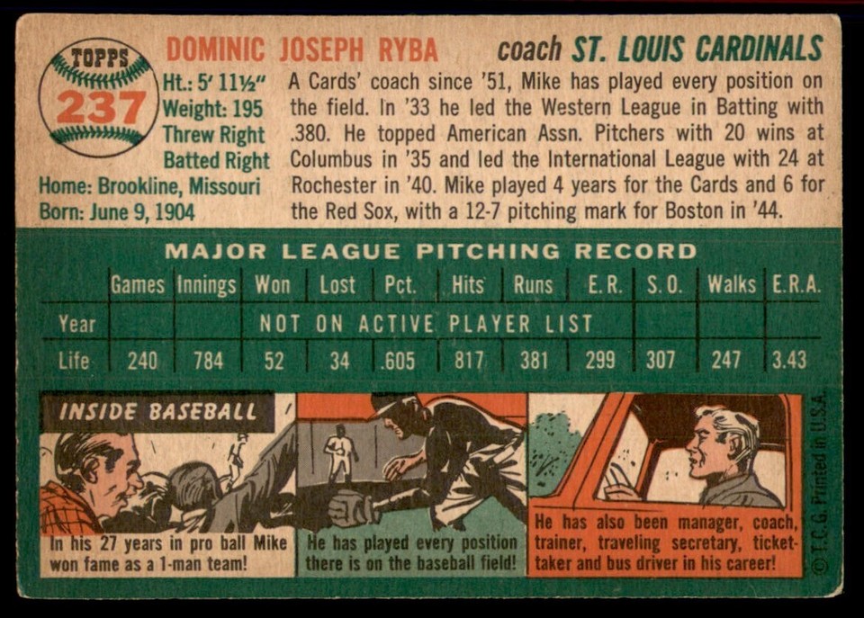 1954 Topps Mike Ryba RC St. Louis Cardinals #237 VG/EX | eBay