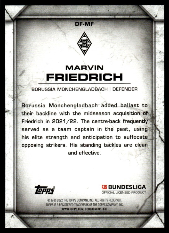 2021 Topps Bundesliga Defense Fortresses Marvin Friedrich Borussia ...
