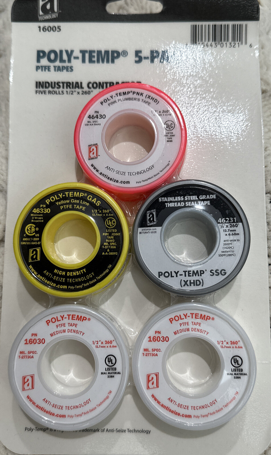 5-pack Anti-Seize Technology 16005 Thread Seal Tape Assortment 5 rolls ...