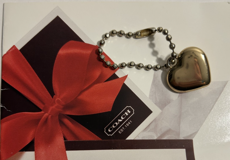 COACH Heart Shape Gold Color Metal Charm Tag w/Chain For Bags Purse ...