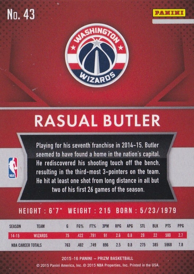 2015-16 Panini Prizm RASUAL BUTLER #43 Base Washington Wizards NBA | eBay