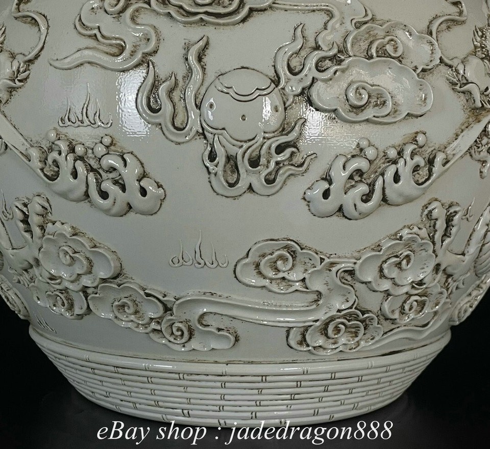 13.6" Chinese Marked White Glazed Porcelain Dragon Statue Writing-brush ...