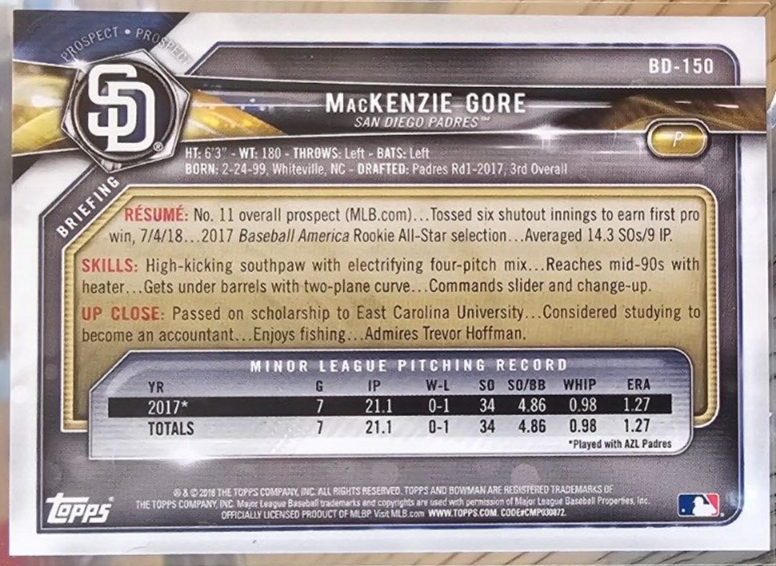 2018 Bowman Draft MacKenzie Gore #BD-150 Padres | eBay