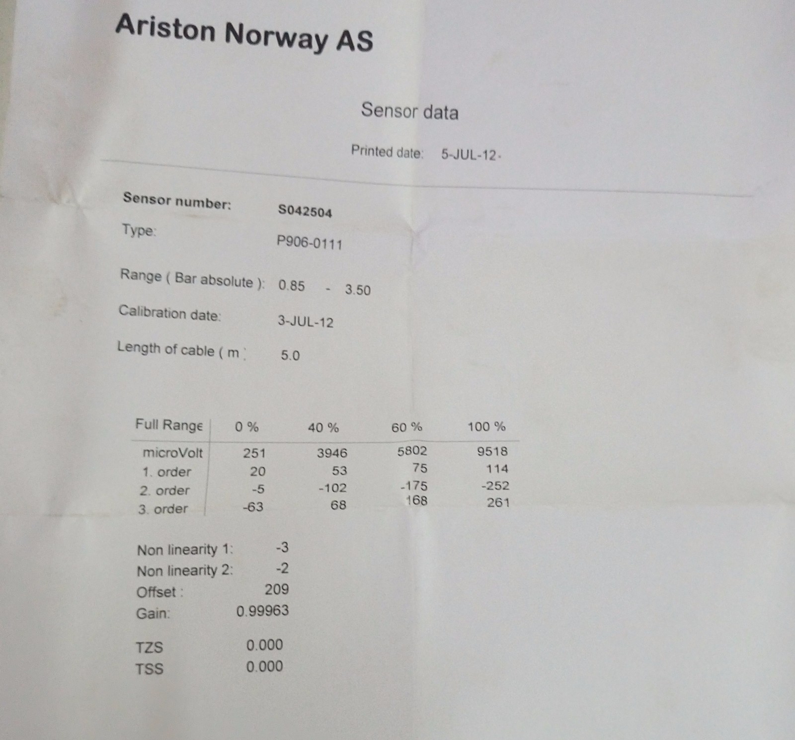 Ariston Norway AS P906-0111 Pressure Sensor Range; 0.85 - 3.50 Bar New ...