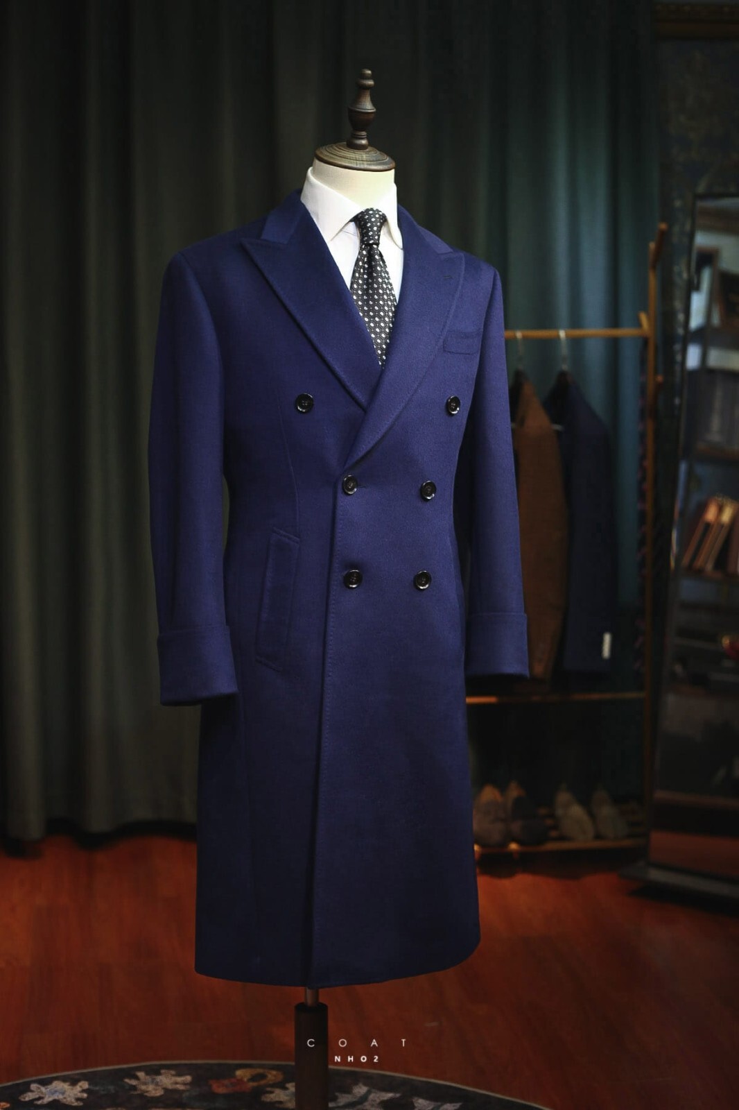 Navy Blue Men's Overcoat Double Breasted with Belt Business Casual Long ...
