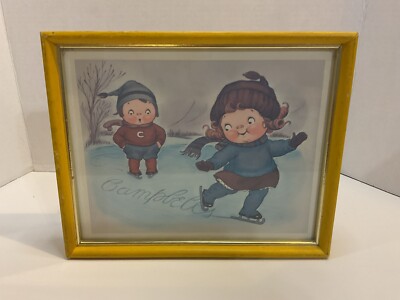 Vintage Campbells Kids Ice Skating Print In Yellow Picture Frame | eBay
