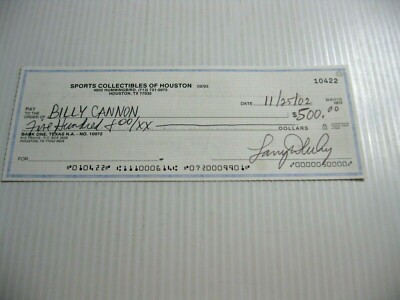 2002 BILLY CANNON BANK CHECK ENDORSED SIGNED ON BACK BY BILLY CANNON ...