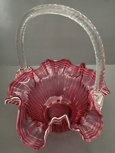 Fenton Cranberry Glass White Ribbon Candy Basket Ruffle Edge Twist ...
