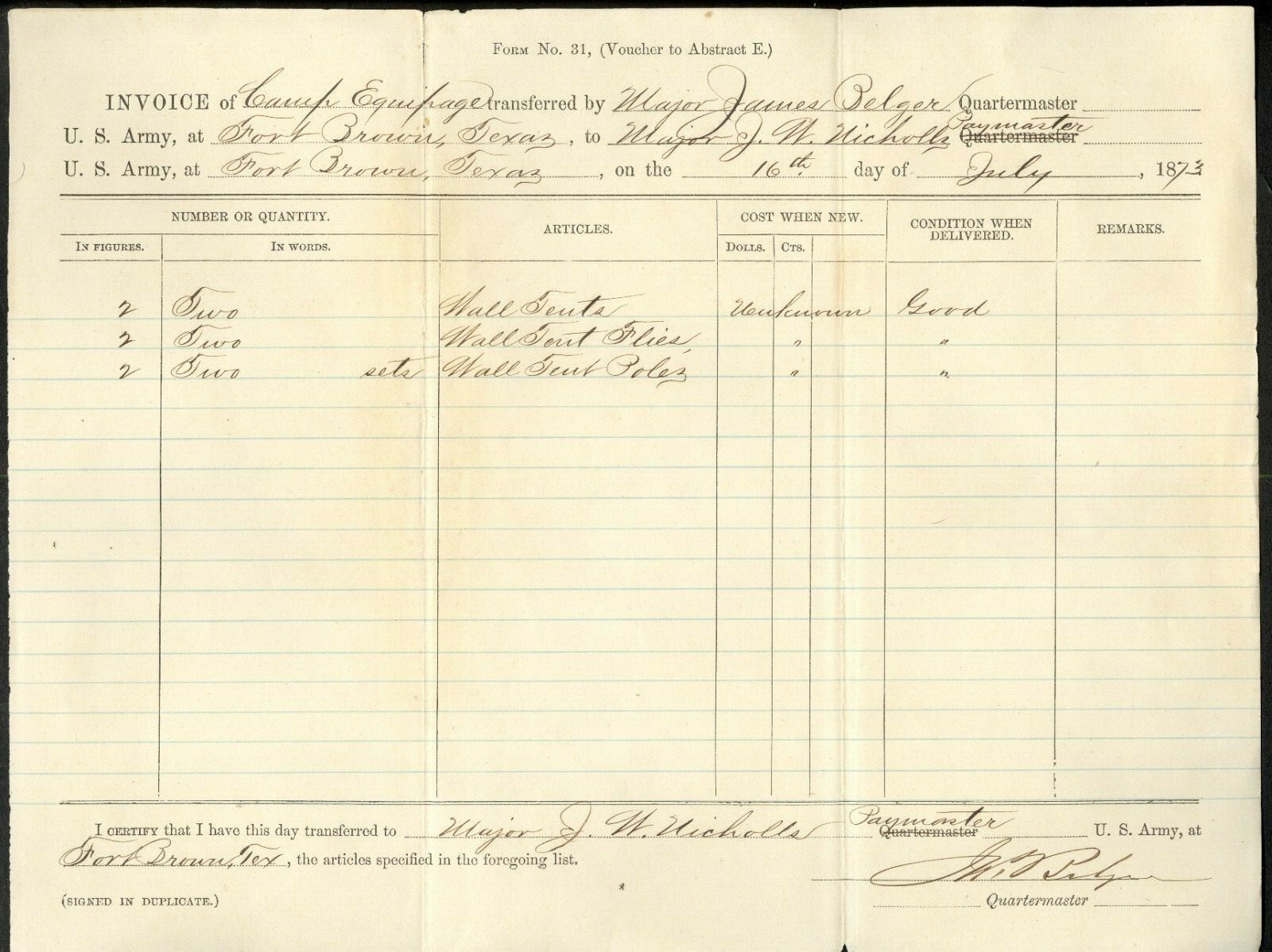 Camp Equipage Transfer Form Signed by Major James Belger – Ft. Brown ...