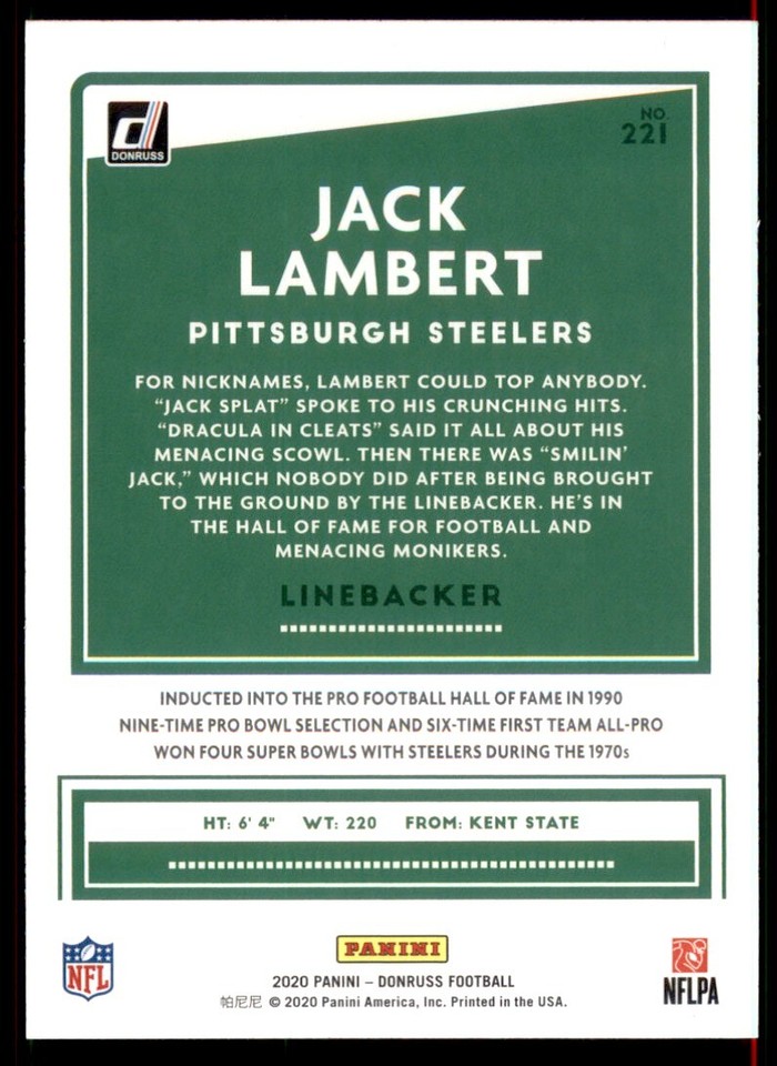 2020 Donruss Press Proof Blue Parallel Jack Lambert Pittsburgh Steelers ...