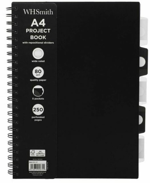 WHSmith Black A4 Wide Ruled Project Notebook 250 White Pages Wiro Bound ...