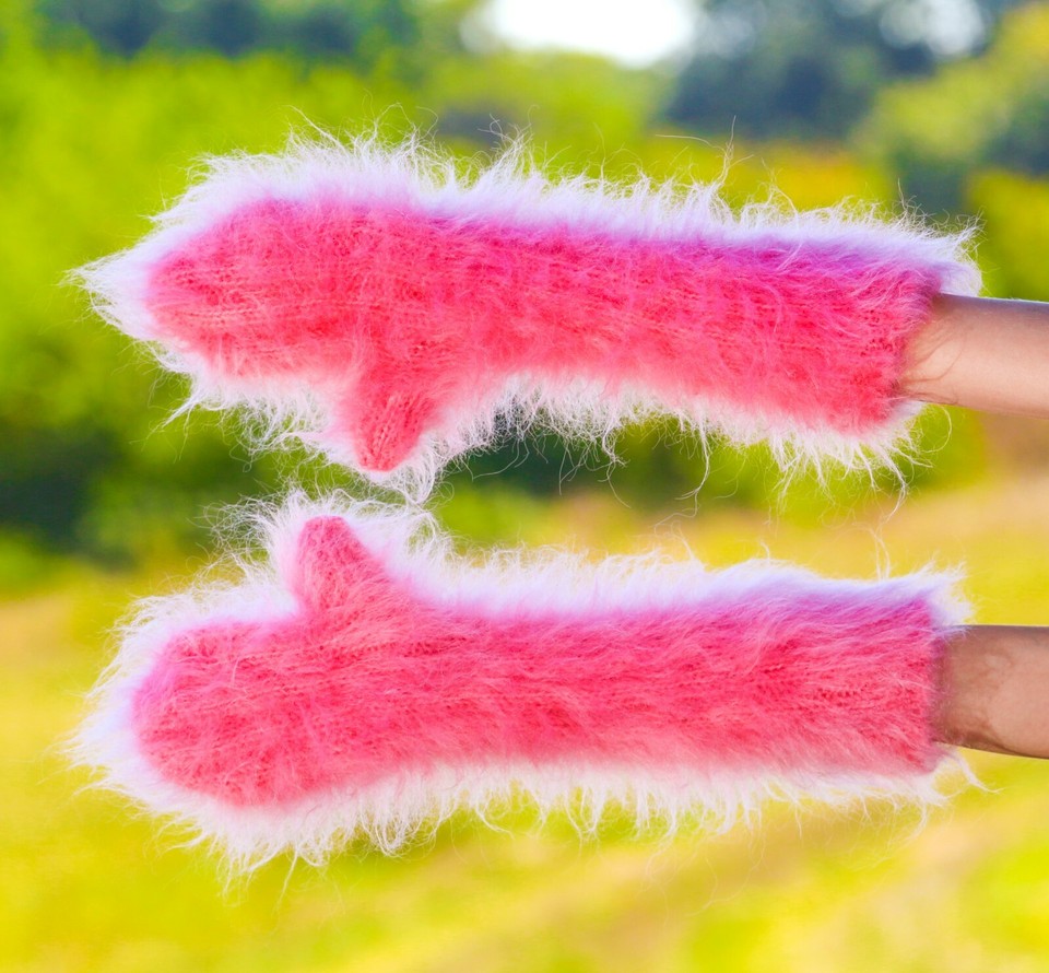 Fuzzy long mohair mittens thick warm handmade soft ski hand warmers ...
