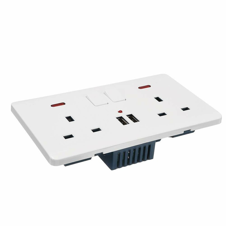 Double Wall Plug Socket 2 Gang 13A with 2 USB Charger Port Outlets ...