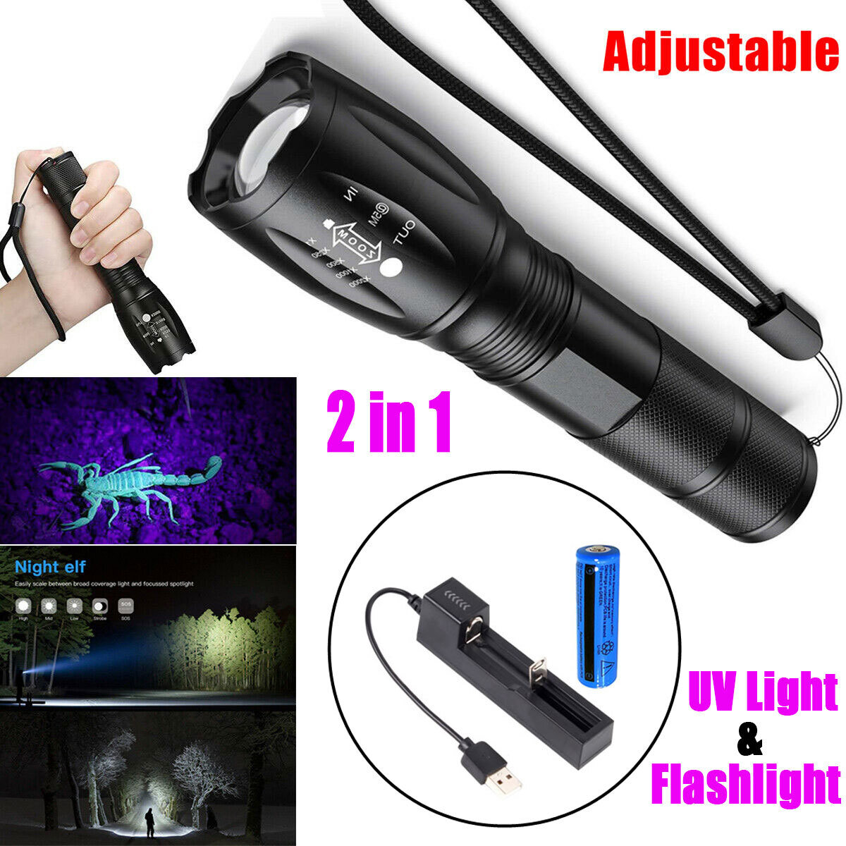 1500000LM Super Bright Rechargeable LED Flashlight UV Ultra Violet ...