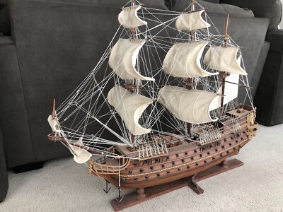 FRENCH NAVY HAND MADE WOODEN MODEL BATTLE SHIP MUSEUM SHOWPIECE 39" L ...