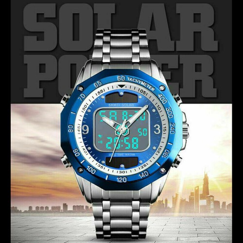 Mens Solar Powered Watches Stainless Steel Waterproof Analog&Digital ...
