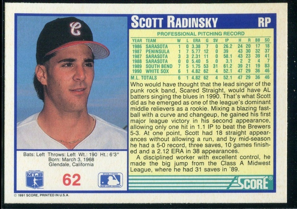 1991 Score Baseball Scott Radinsky #62 Chicago White Sox | eBay