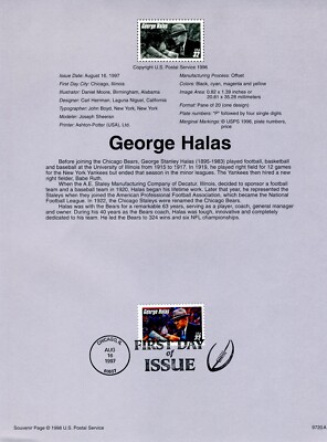 1997 USPS Souvenir Page 32¢ GEORGE HALAS (RED BAR) #9720A w/Watermark ...