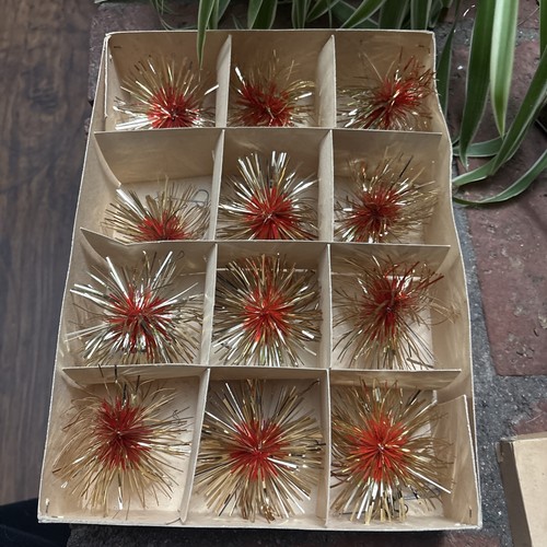 12 Vintage Christmas West Germany Tinsel Gold Red Pom Pom Ornaments ...