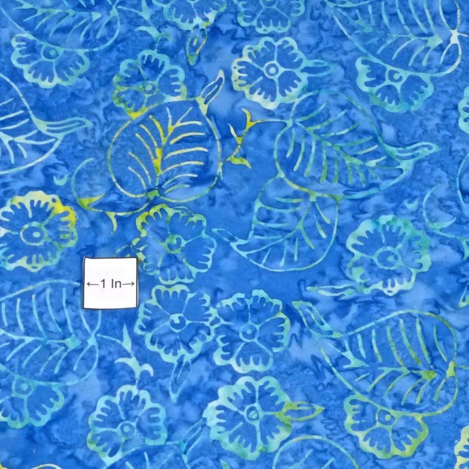 Hawaiian Print Batik Monstera Lau & Pua, Blue, Yellow & Green Cotton ...