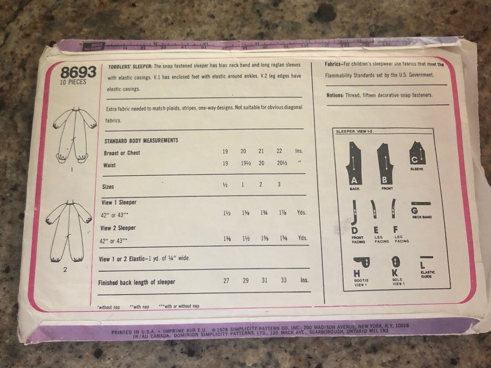 🌸 1978 SIMPLICITY #8693 - CHILDS TWO STYLE SLEEPER w/wo FEET PATTERN 1 ...