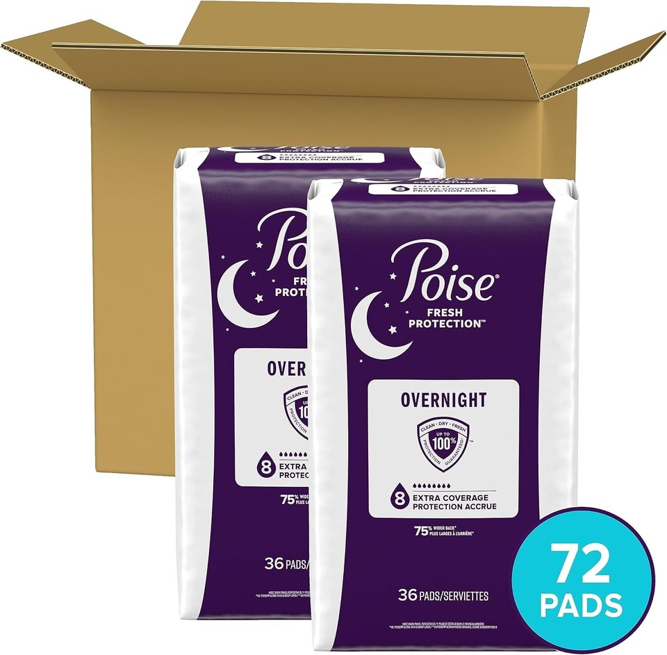 Poise Overnight Incontinence Pads for Women, 8 Drop Extra Coverage, 72 ...