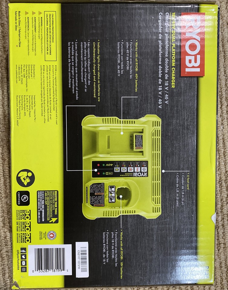 New Ryobi One+ 18V/40V Simultaneous Dual Platform Charger P137 Tool ...