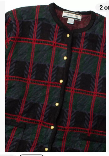 Vintage 1990s Navy Blue Crystal-Kobe Gold Button Plaid Cardigan Sweater ...