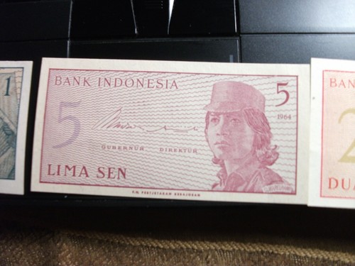 Set of 3 1964 Indonesian UNC Banknotes: 1 Sen, 5 Sen, 25 Sen MINT ...