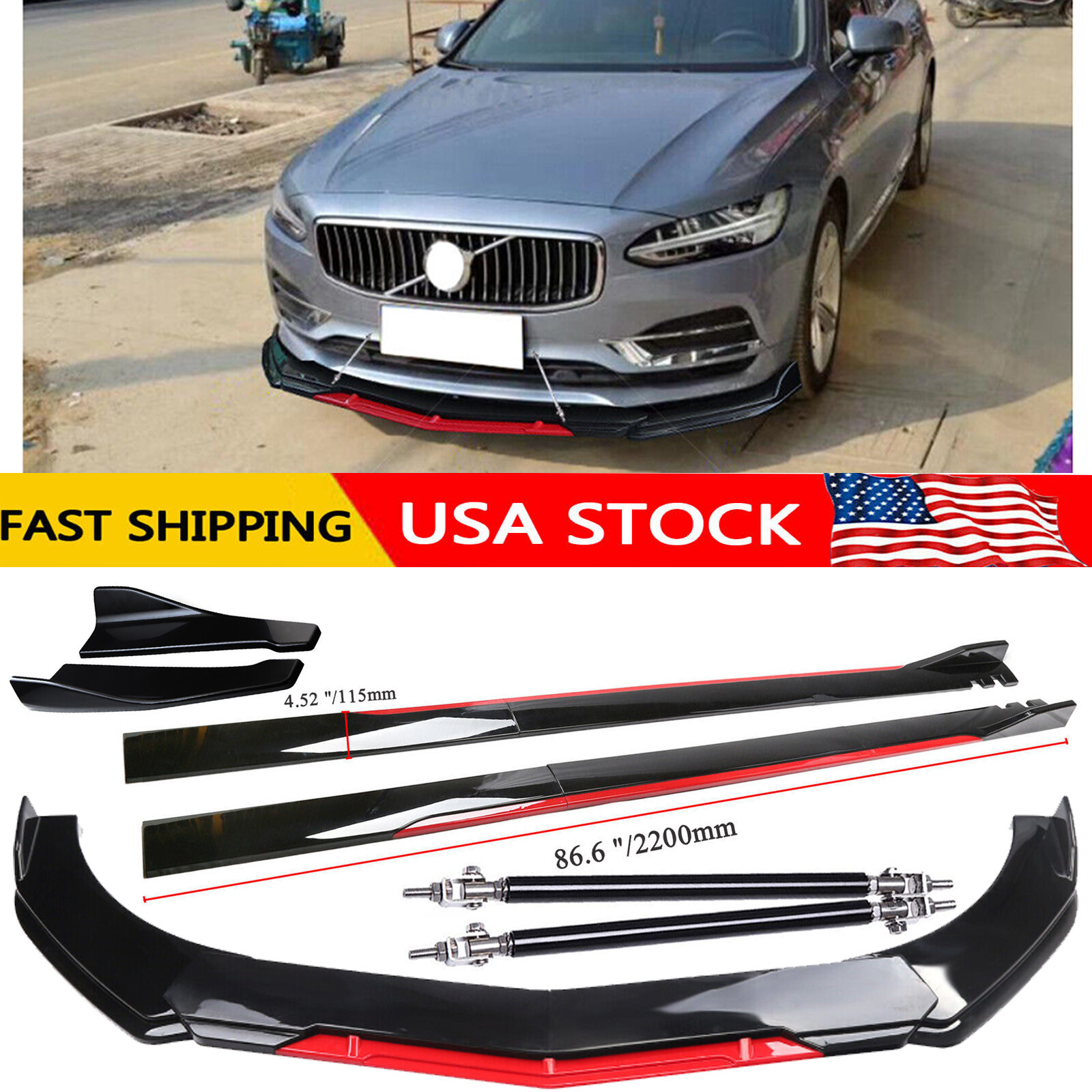 For Volvo S40 S60 Front Bumper Lip Splitter Spoiler 86.6 Side Skirt ...
