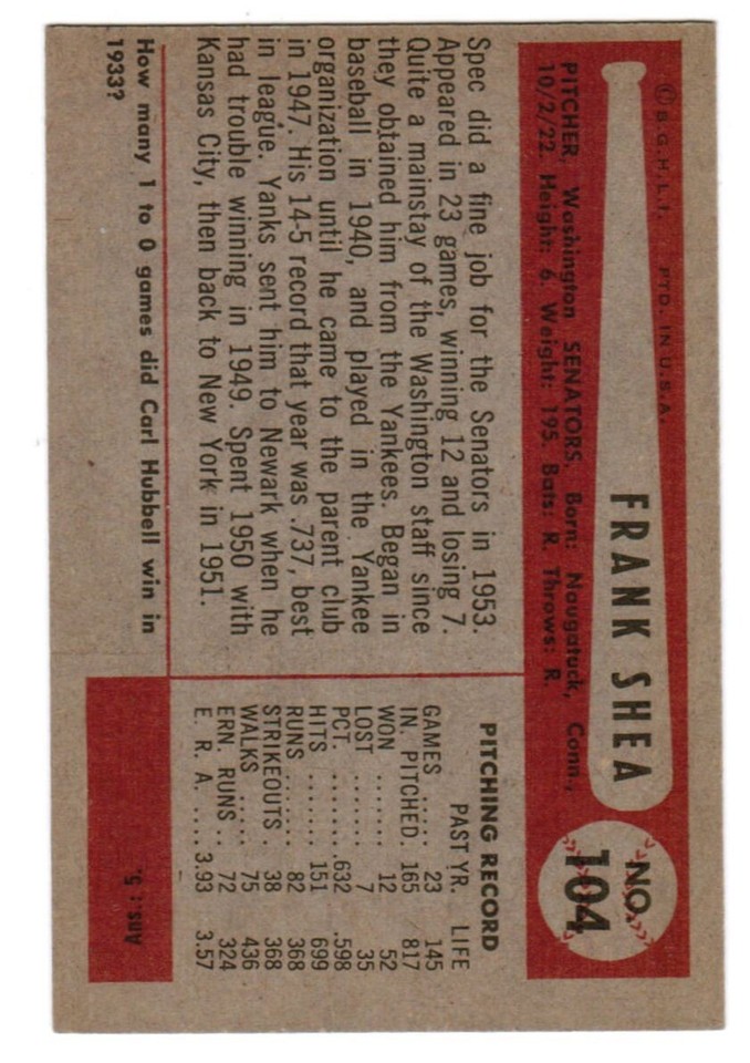 Frank Shea 1954 Bowman #104 Washington Senators | eBay