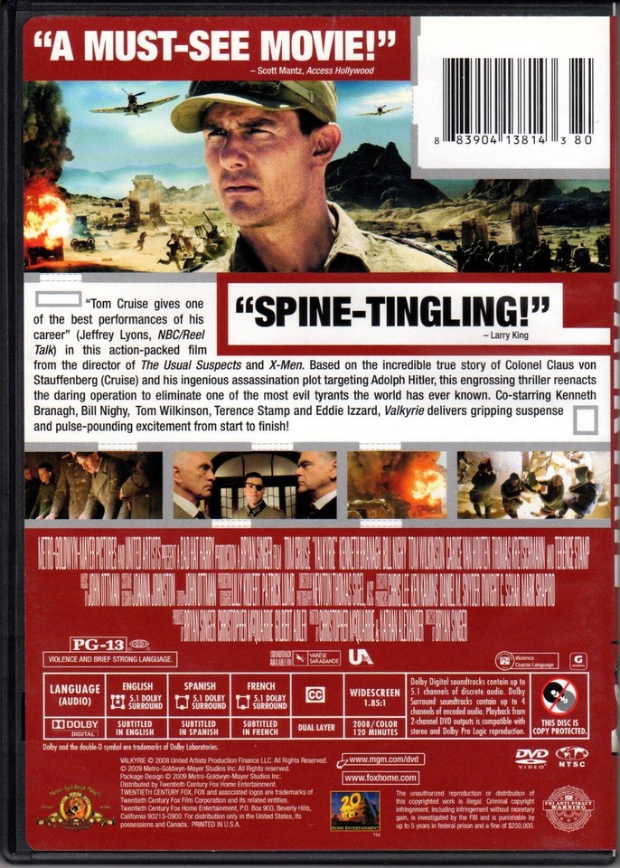 Valkyrie 2008 DVD Tom Cruise A Bryan Singer Film Based on a True Story ...