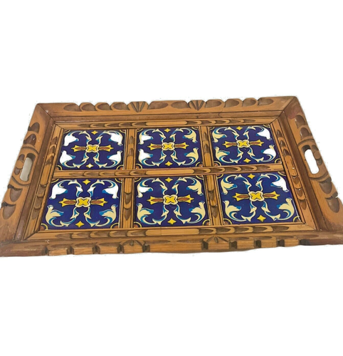 Vintage Handmade Large Mexican Tile Tray Handcarved Wood Frame 19"Lx14 ...
