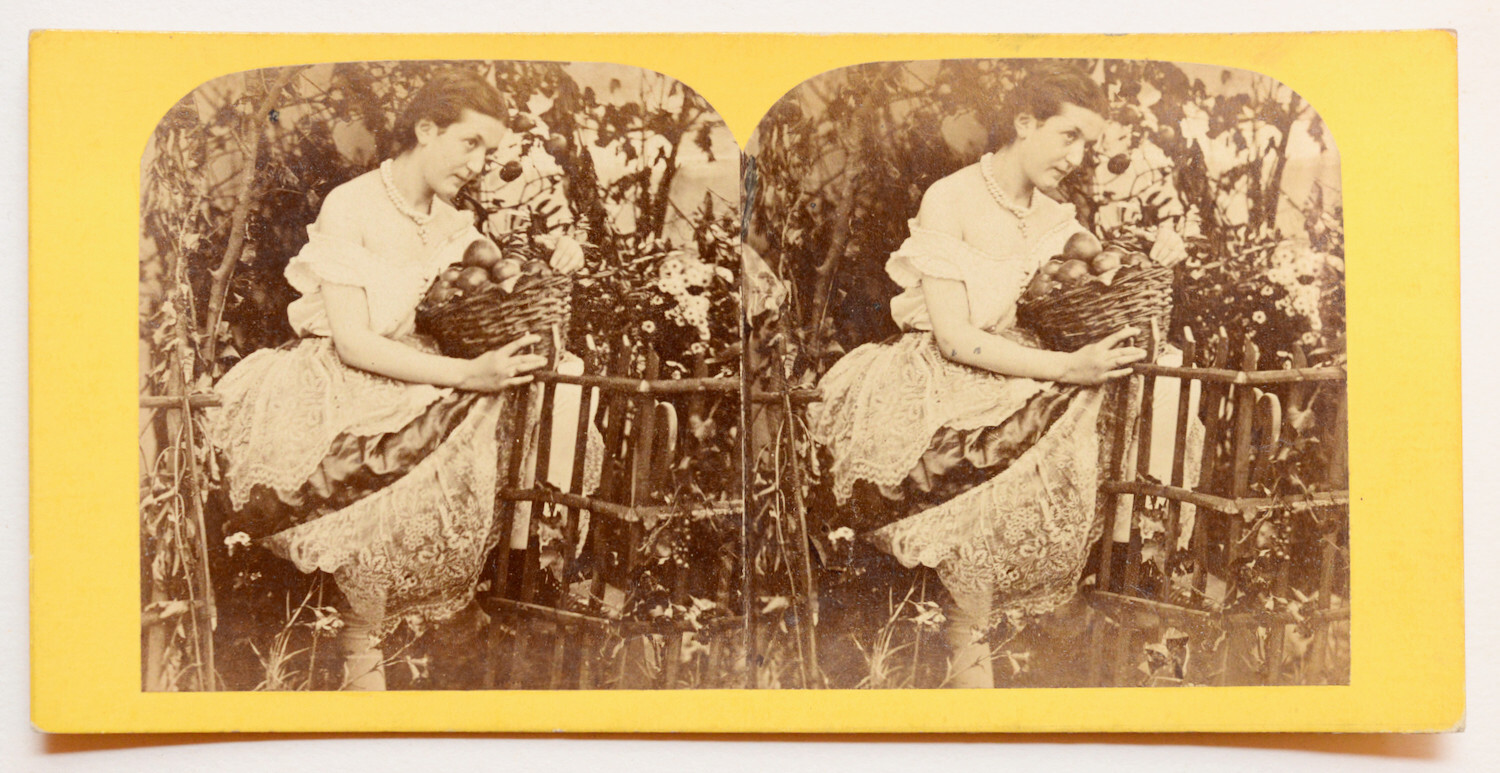 Vue stereoscopique, Stereo view card, Femme posant avec corbeille de ...