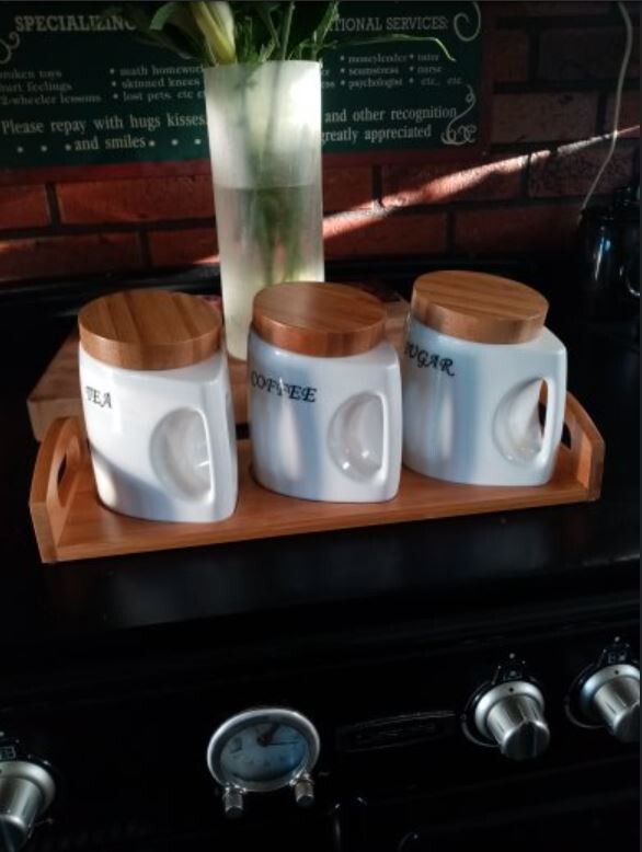 Stylish Handle Tea Coffee Sugar Canister Set Ceramic Jars Bamboo Lids ...