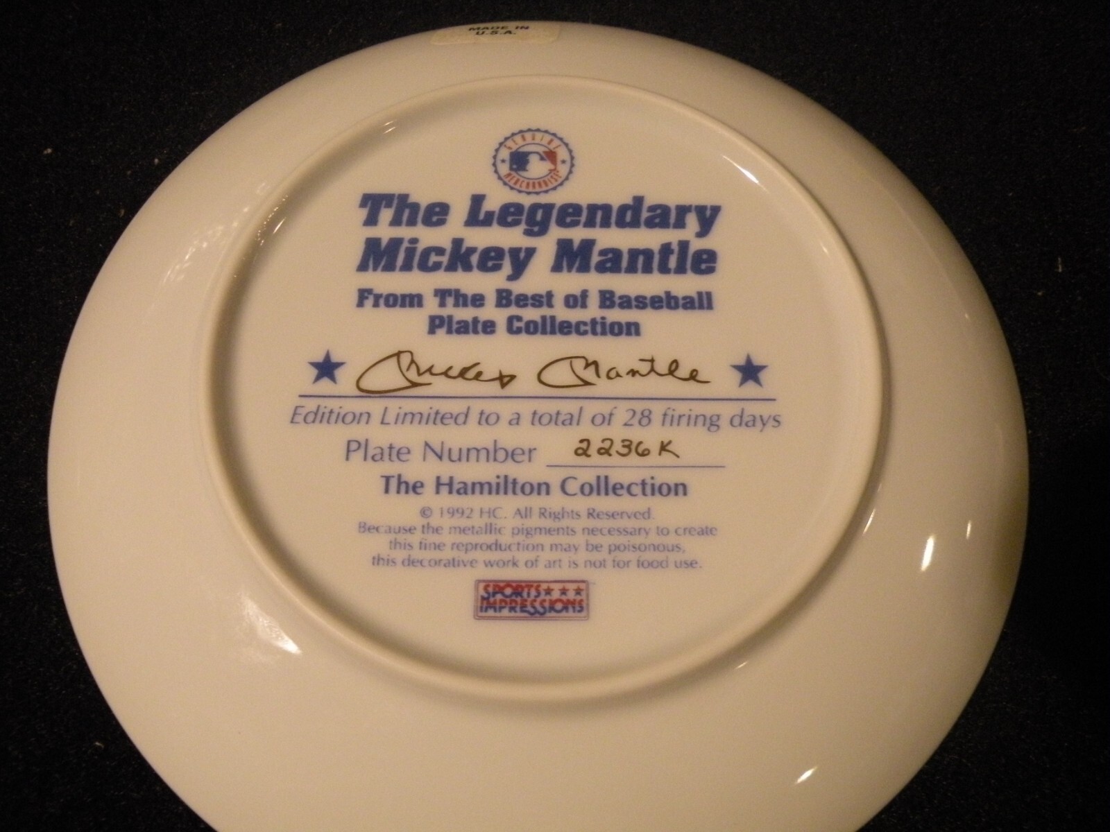 HAMILTON COLLECTION MICKY MANTLE ''THE LEGENDARY MICKEY MANTLE'' PLATE ...