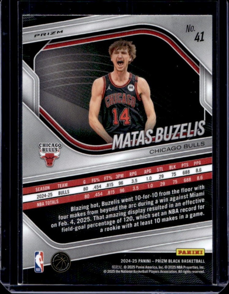 2024-25 Prizm Black Matas Buzelis RC Ruby Wave Prizm Rookie #41 Bulls ...