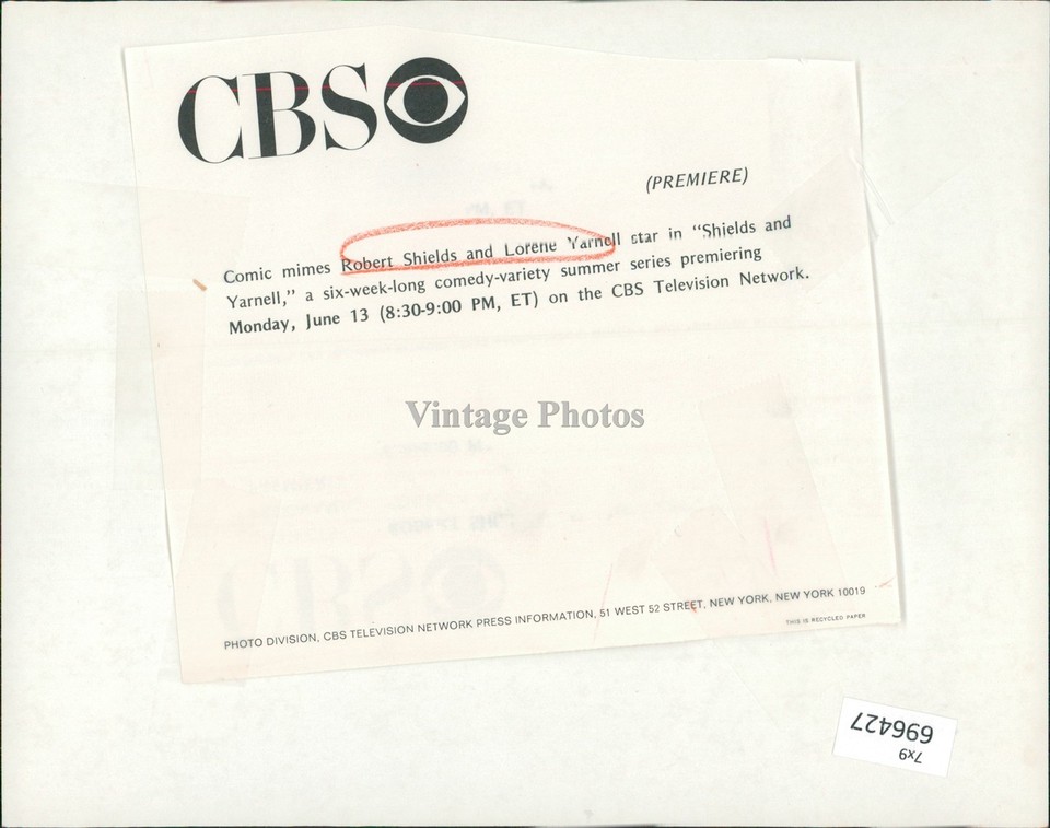 Robert Shields Lorene Yarnell Comedy Summer Series Cbs Press Photo 7X9 ...