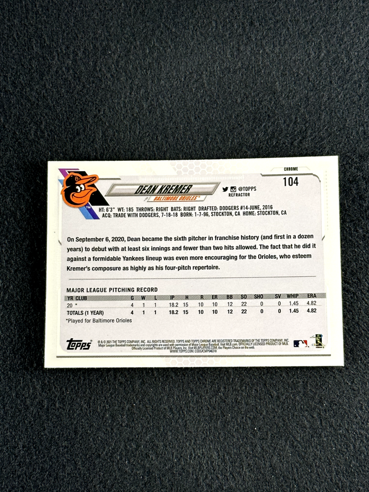 2021 Topps Chrome DEAN KREMER Rookie Card RC Refractor #104 Baltimore ...