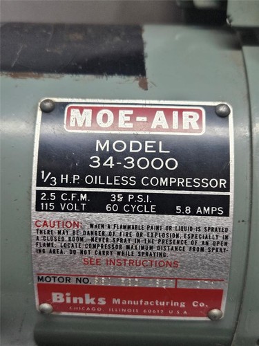 Vintage Binks Moe-Air 34-3000 Air Compressor 1/3 hp Heavy Duty, No ...