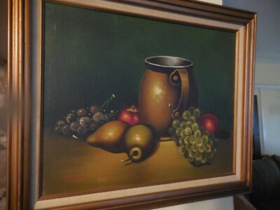 Oil on Canvas Painting of Still-life of Fruit and on Table Signed Curka ...