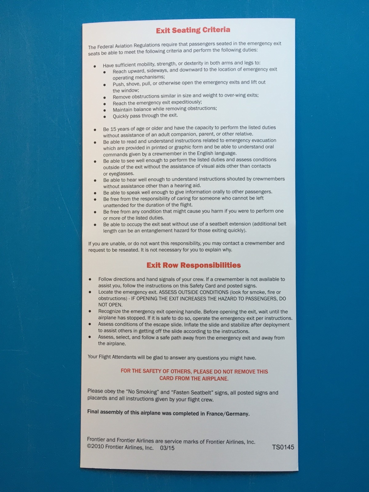 FRONTIER AIRLINES SAFETY CARD--AIRBUS 320-- 2015 REV | eBay