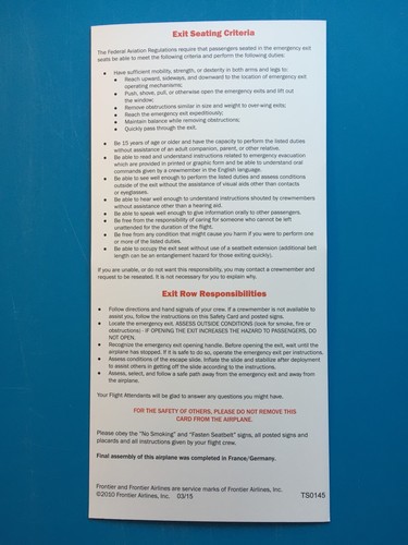 FRONTIER AIRLINES SAFETY CARD--AIRBUS 320-- 2015 REV | eBay