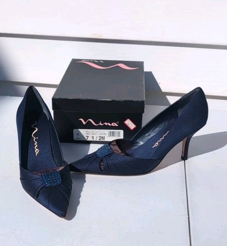 Blue Satin 2" Heels With Rhinestone & Cutout Detail Women's Size 7.5 ...